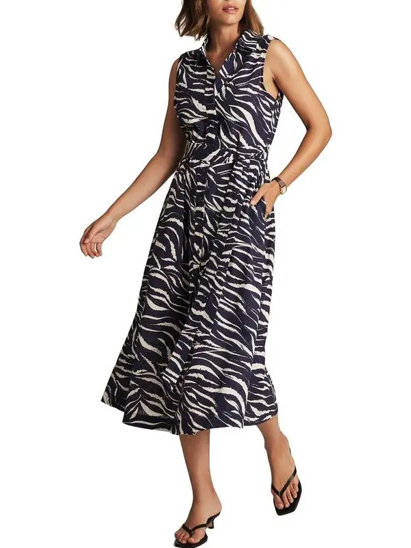MAVI Sleeveless Tie Belt Midi Shirtdress - Dark Navy Zebra Print