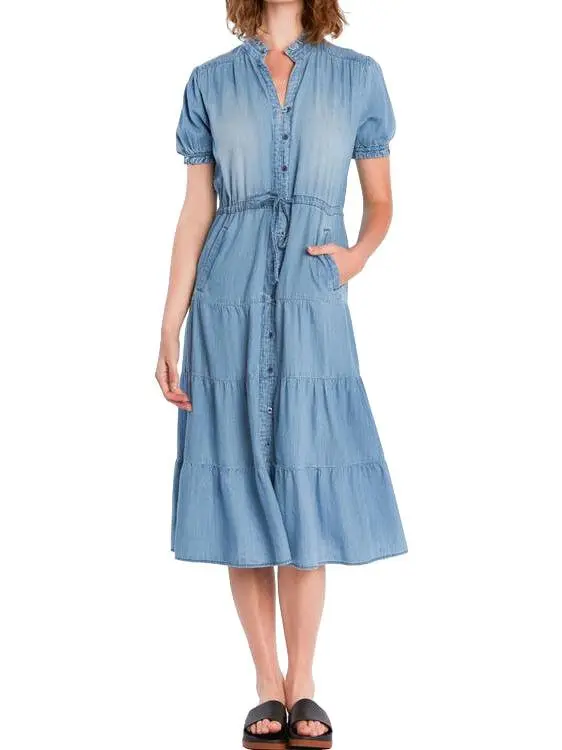 BILLY T Tie Waist Tiered Chambray Midi Dress - Denim