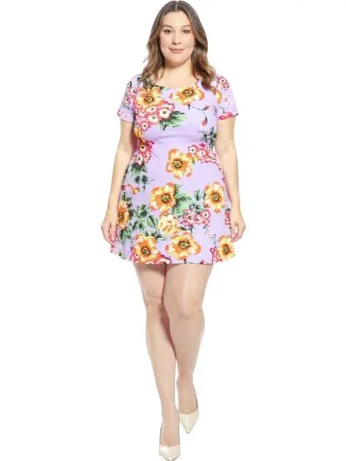 24SEVEN COMFORT APPAREL Floral Print Mini Shift Dress - Lilac Multi