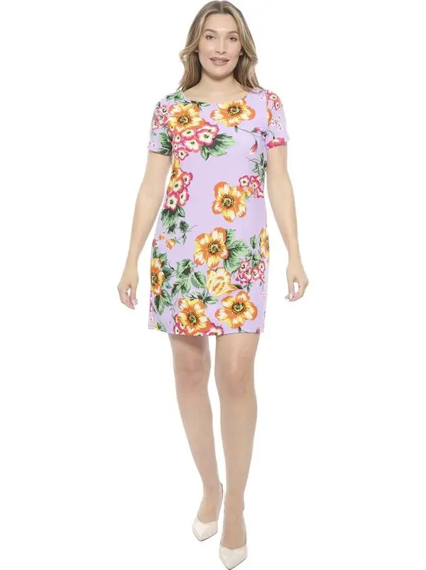 24SEVEN COMFORT APPAREL Floral Short Sleeve Mini Shift Dress - Purple Multi