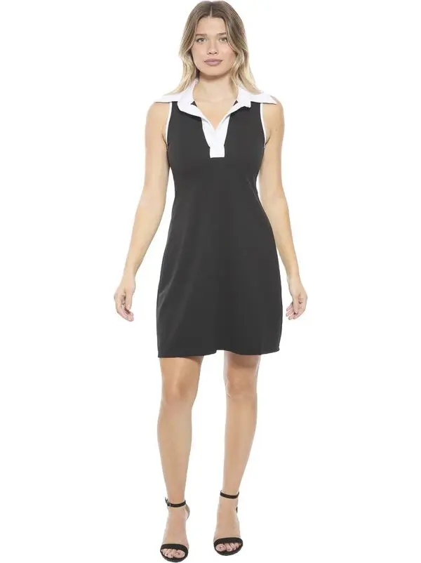 24SEVEN COMFORT APPAREL Sleeveless Flared A-line Mini Dress With Collar - Black