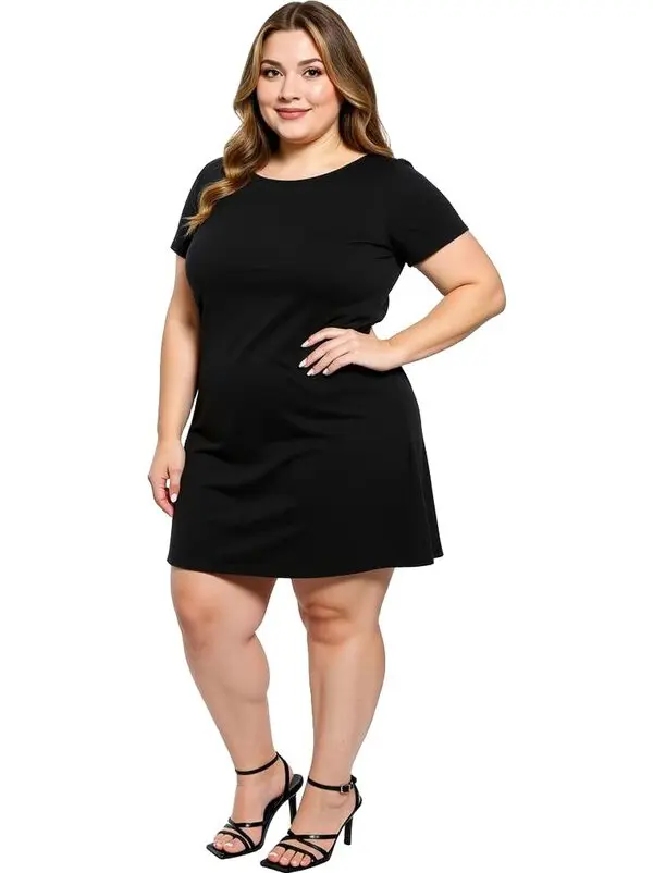 24SEVEN COMFORT APPAREL Solid Short Sleeve Mini Shift Dress - Black