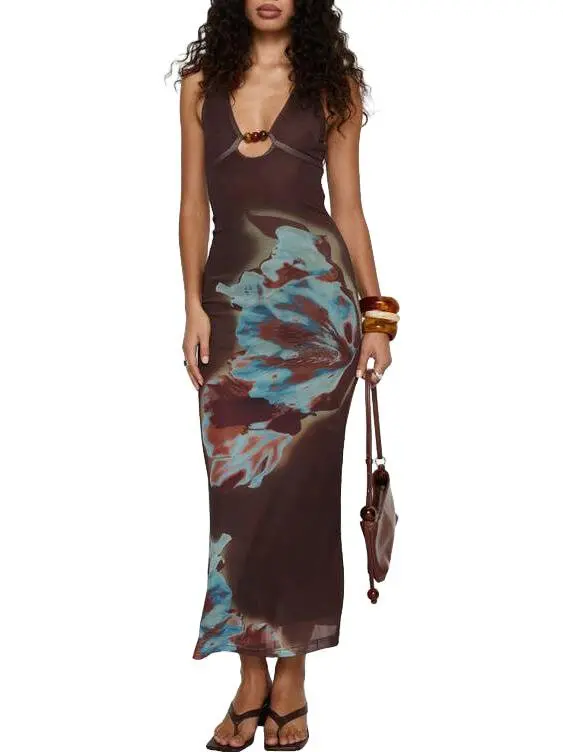 Princess Polly Maritsa Beaded Halter Maxi Dress - Brown Floral
