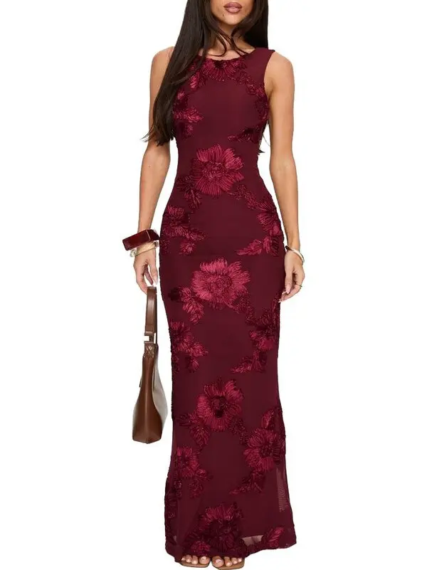 Princess Polly Fionna Floral Maxi Dress - Burgundy