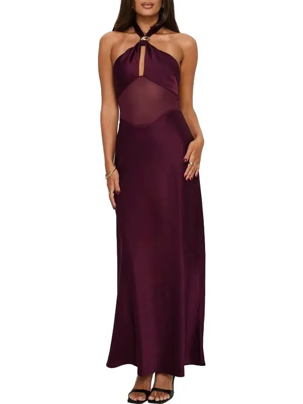 Princess Polly Sheer Panel Satin Halter Gown - Plum