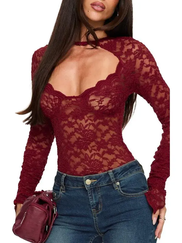 Princess Polly Long Sleeve Lace Bodysuit - Burgundy