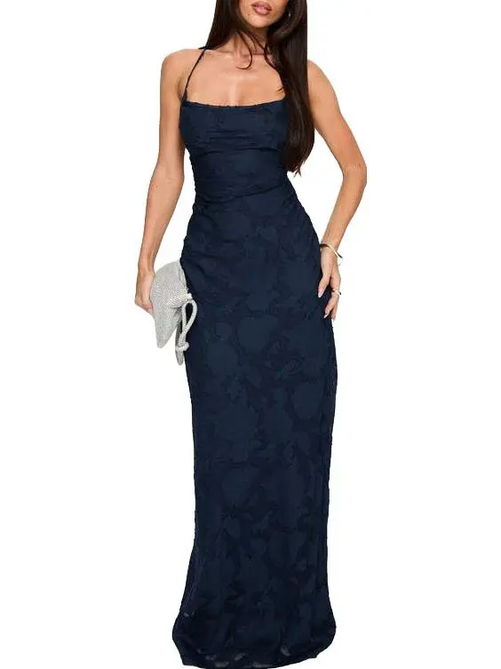 Princess Polly Celena Floral Burnout Gown - Navy Burnout