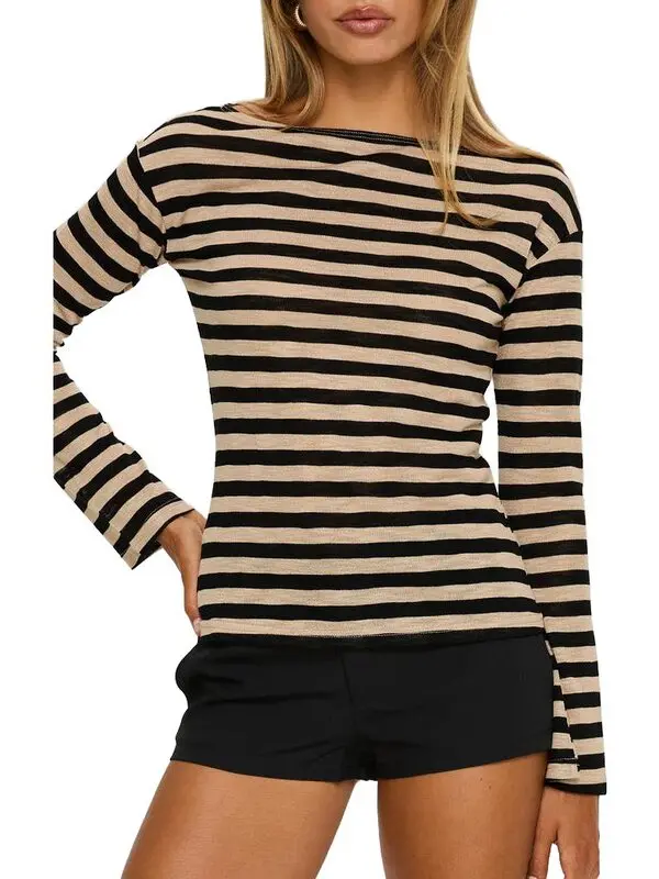 Princess Polly Boat Neck Knit Top - Latte Stripe