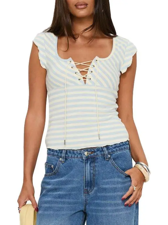 Princess Polly Jacenda Lace Up Top - Blue Stripe