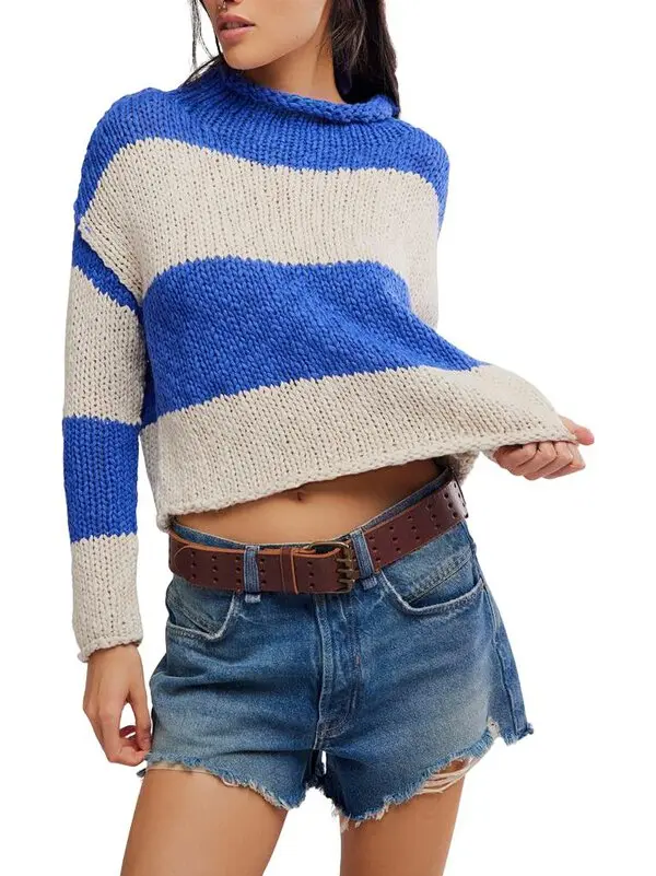 Free People Striped Cotton Blend Sweater - Blue