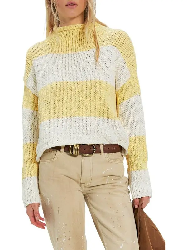 Free People Striped Cotton Blend Sweater - Lemon Combo