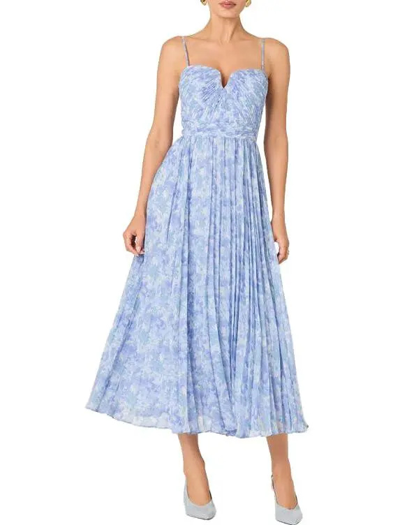 Astr The Label Floral Pleated Midi Dress - Blue Floral