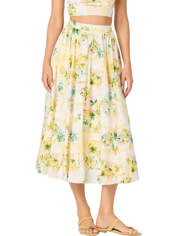 Astr The Label Printed A-line Midi Skirt - Lemon Paradise