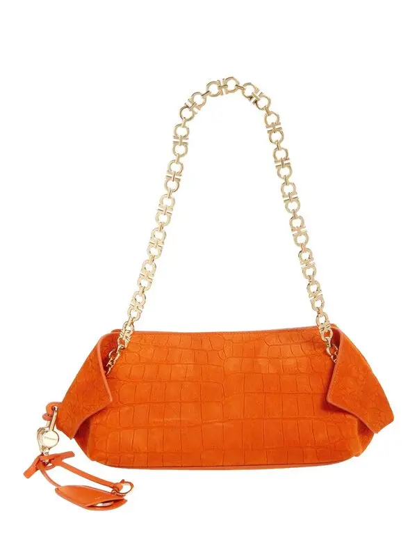 FERRAGAMO Gancini Chain Croc Embossed Suede Shoulder Bag - Light Siena