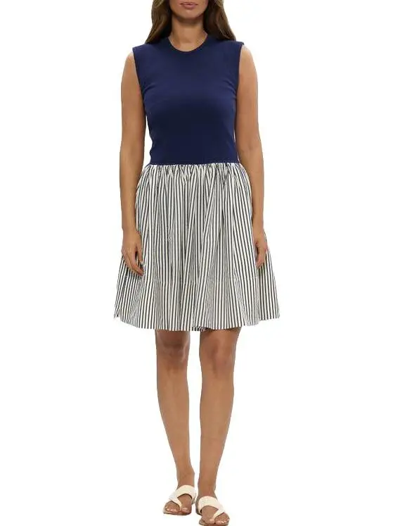 BRAVE+TRUE Daphne Mixed Media Drop Waist Dress - Off White/navy Stripe