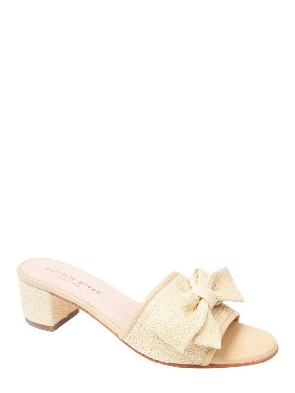 PATRICIA GREEN Raffia Bow Block Heel Slide Sandal - Beige Raffia