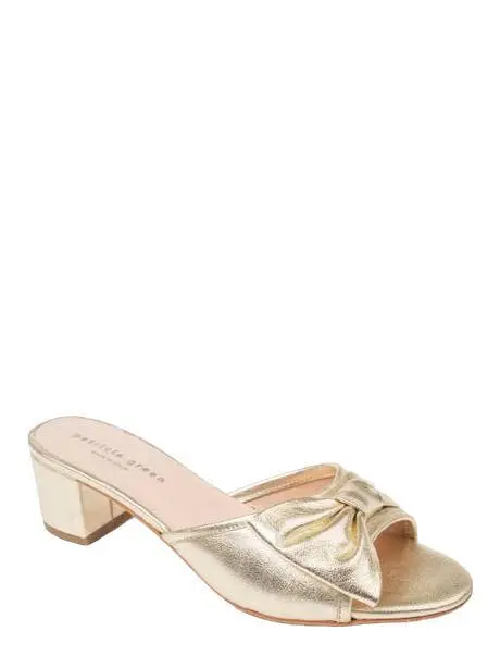 PATRICIA GREEN London Bow Block Heel Slide Sandal - Gold Leather