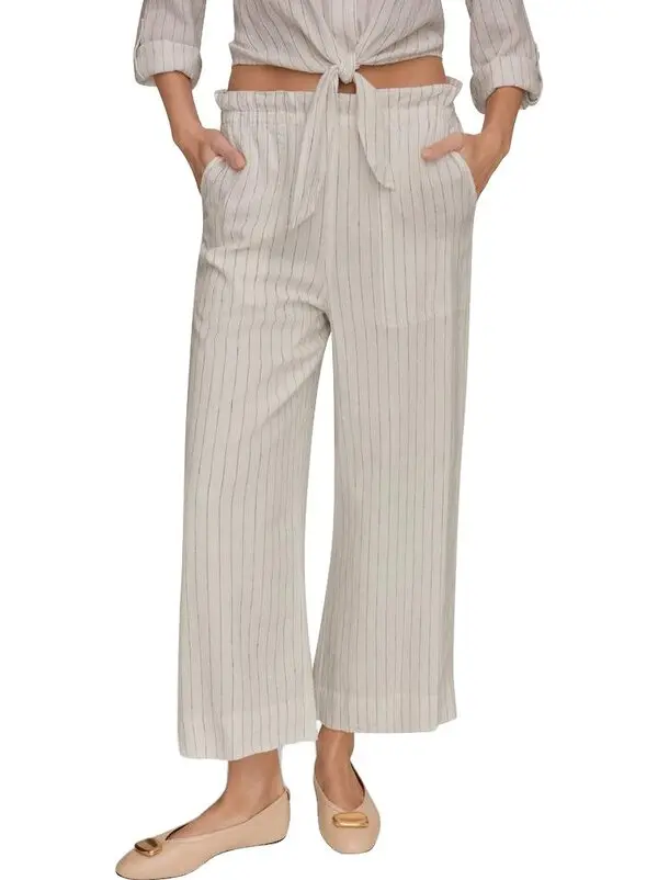 Donna Karan New York Stripe Paperbag Waist Linen Blend Pants - Cream/black