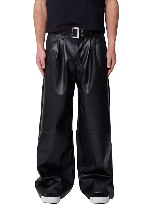 Mnml Pleated Faux Leather Pants - Black