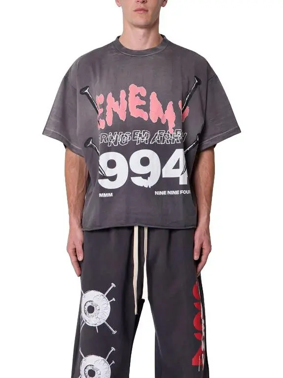 Mnml Enemy Oversize Cotton Graphic T-shirt - Washed Black