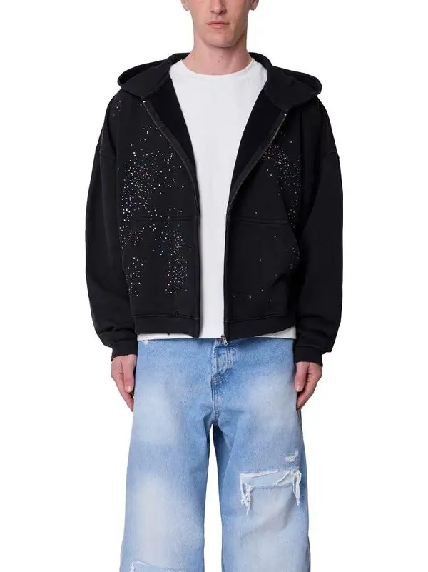 Mnml Crystal Embellished Zip Hoodie - Washed Black
