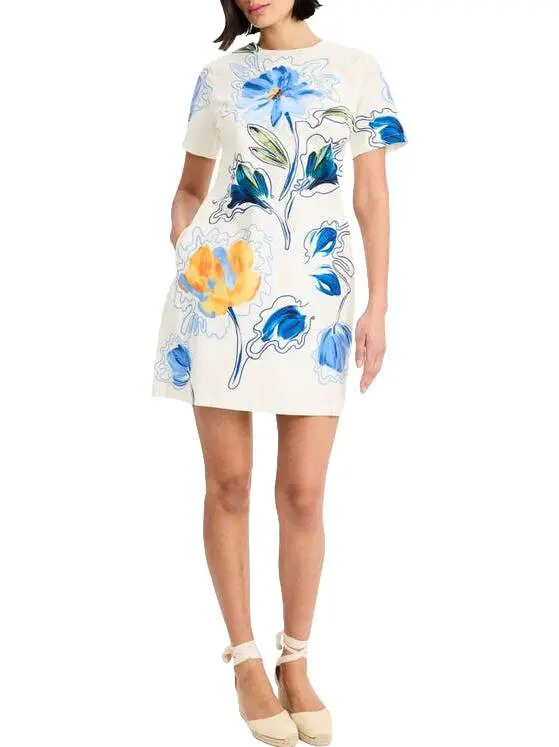 Maggy London Printed Shift Dress - Ivory/light Denim Blue