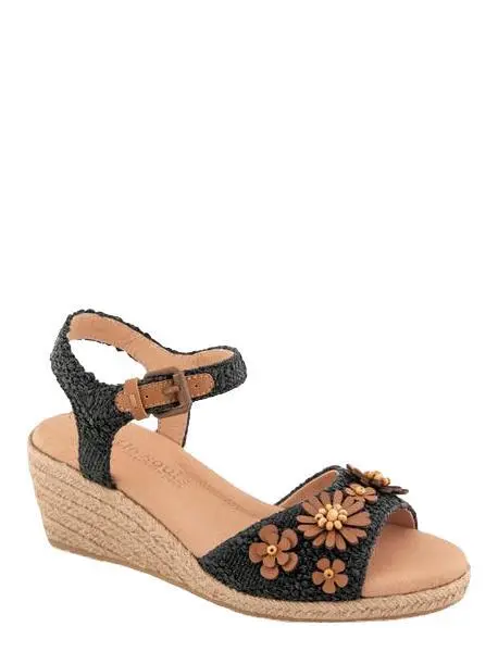 Gentle Souls Espadrille Ankle Strap Wedge Sandal - Black Raffia