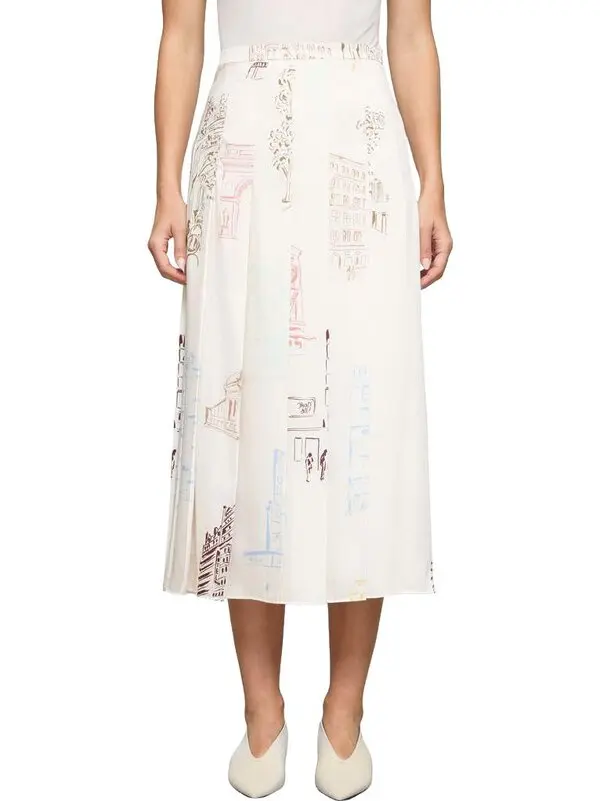 Lafayette 148 New York Manhattan Print Pleated Twill A-line Midi Skirt - Cloud Multi