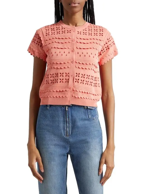 Ulla Johnson Abriana Eyelet Scallop Trim Cardigan - Coral Peony