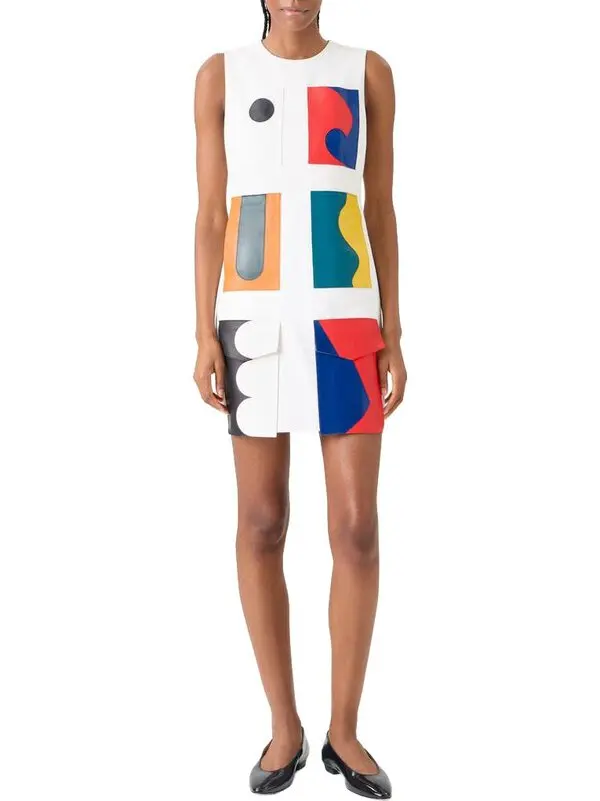 Akris Paravent Patchwork Leather Sheath Dress - Ecru Muti Color