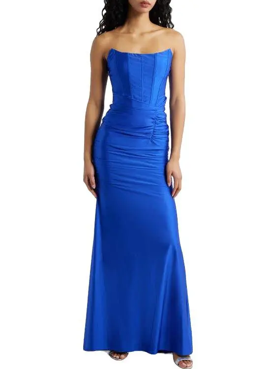 EMERALD SUNDAE Stretch Satin Corset Gown - Cobalt