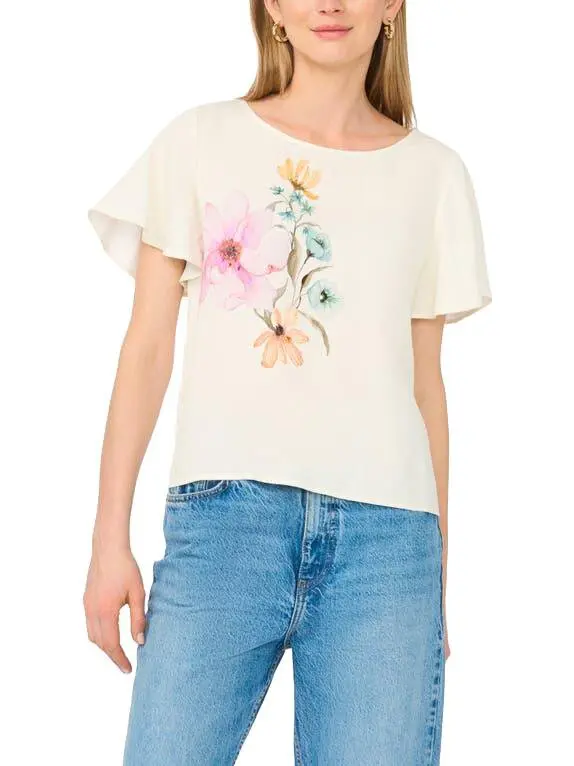 Vince Camuto Floral Flutter Sleeve Top - Antiq White