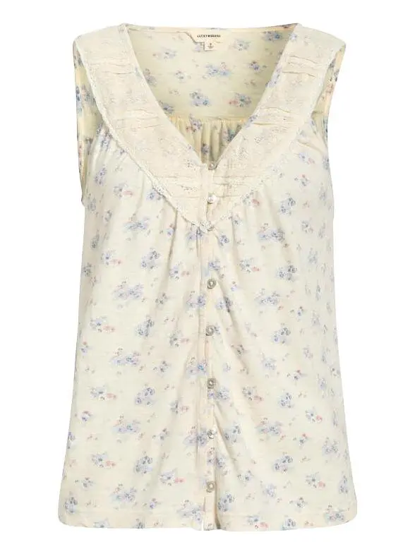 Lucky Brand Lace Trim Cotton Blend Top - Cream Floral