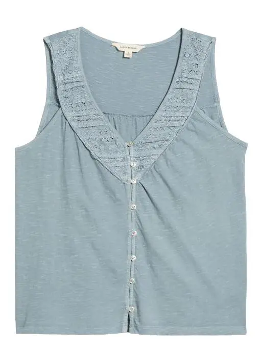 Lucky Brand Lace Trim Cotton Blend Top - Dusty Blue