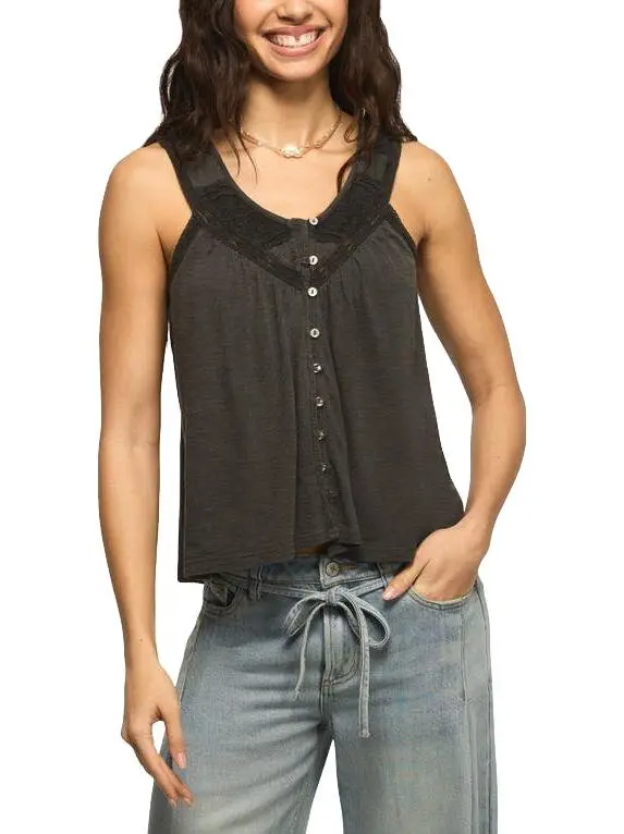 Lucky Brand Lace Trim Cotton Blend Top - Raven