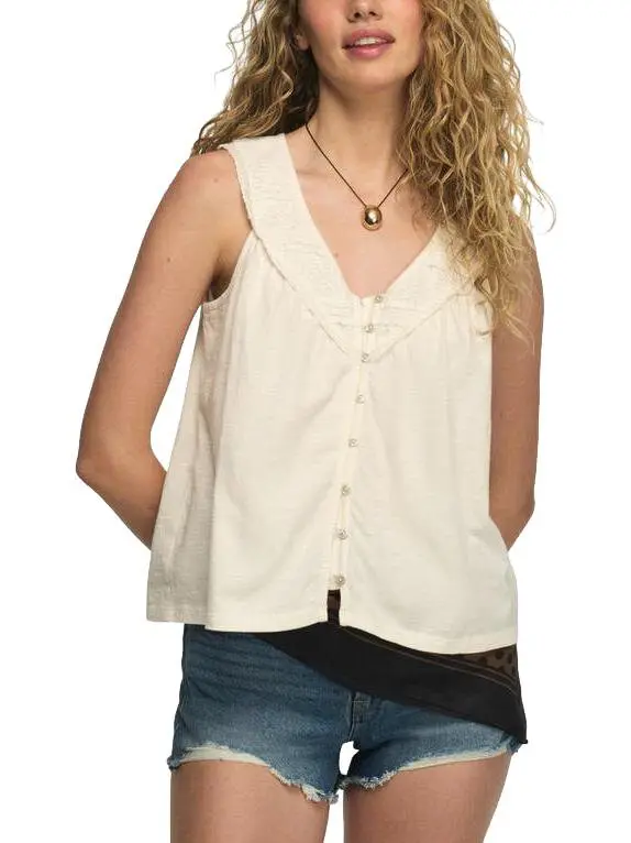 Lucky Brand Lace Trim Cotton Blend Top - Whisper White
