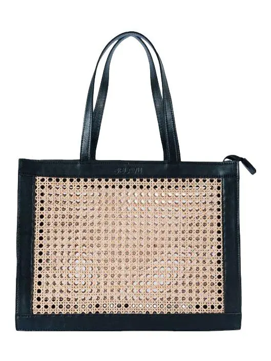 JELAVU Structured Tote With Rattan Detail - Natural/black