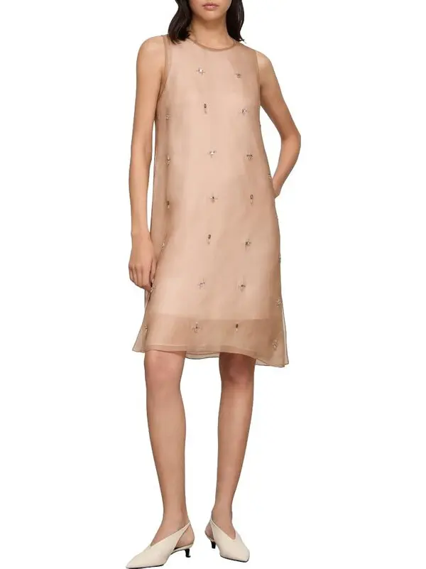 Lafayette 148 New York Hand Beaded Silk Organza Shift Dress - Brownstone