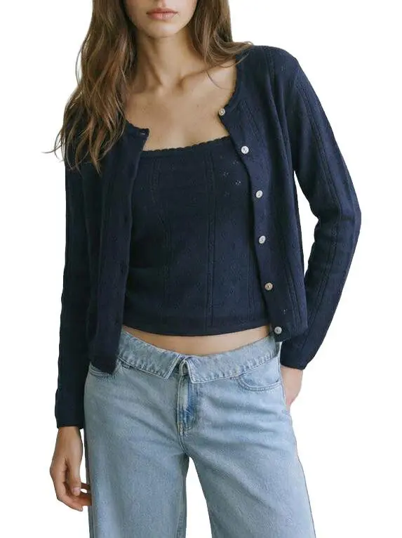 Mango Pointelle Cotton Cardigan - Navy