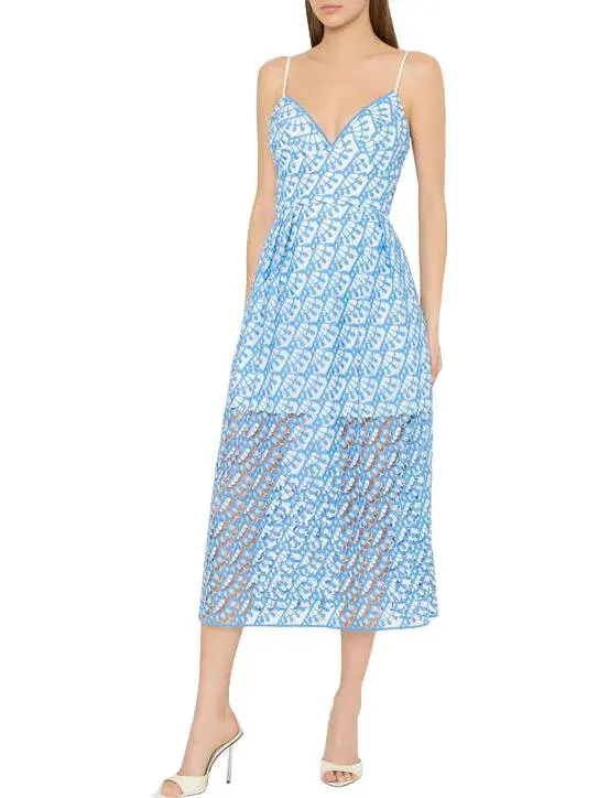 MILLY Embroidered A-line Midi Dress - Blue