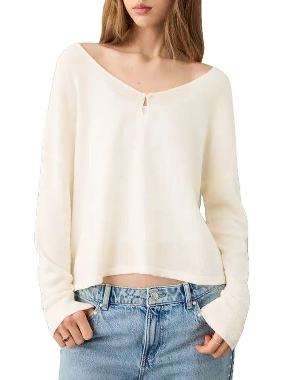 Mango Semisheer V-neck Crop Sweater - Ecru
