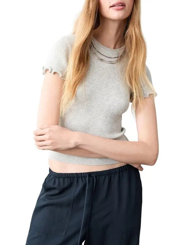Mango Short Sleeve Rib Top - Medium Heather Grey