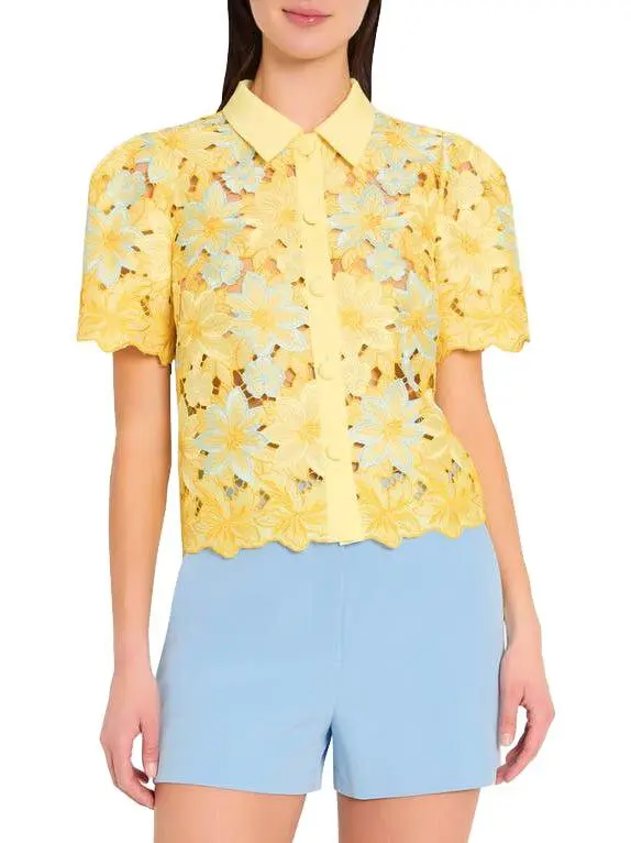 MILLY Floral Lace Button-up Shirt - Yellow Multi