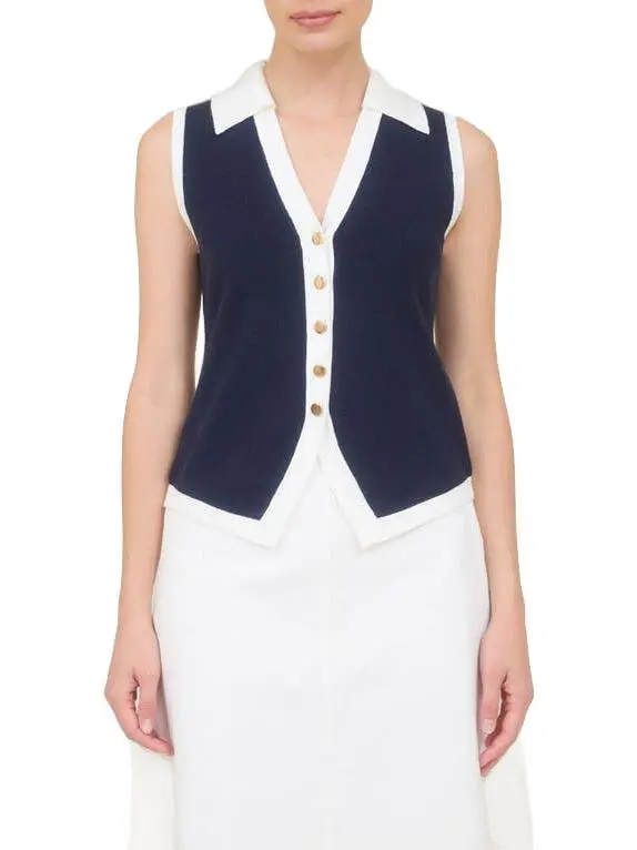 ZOE AND CLAIRE Sleeveless Contrast Sweater - Navy/white