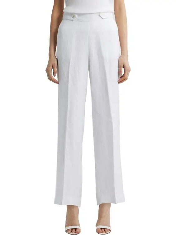 Anne Klein Button Tab Pull-on Linen Blend Wide Leg Pants - Crisp White