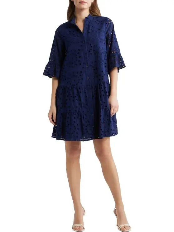 Anne Klein Eyelet Embroidered Tiered Cotton Dress - Distant Mountain