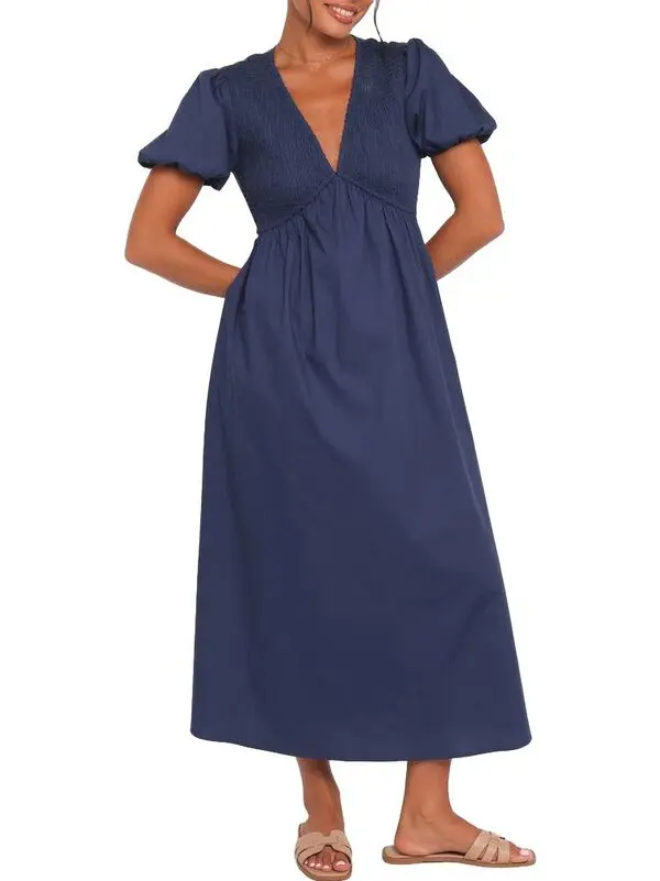 PETAL & PUP Puff Sleeve Cotton Maxi Dress - Navy