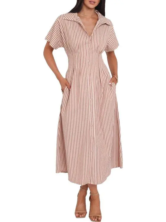 PETAL & PUP Eilis Stripe Midi Shirtdress - Brown Stripe
