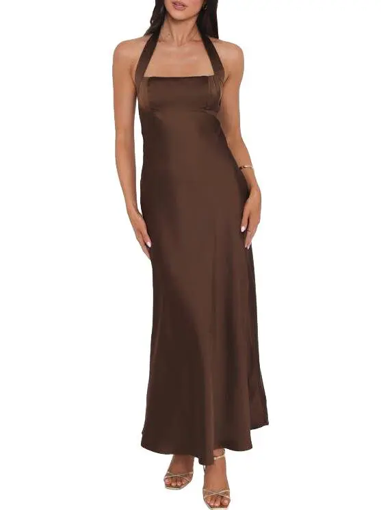 PETAL & PUP Nakita Satin Halter Maxi Dress - Brown