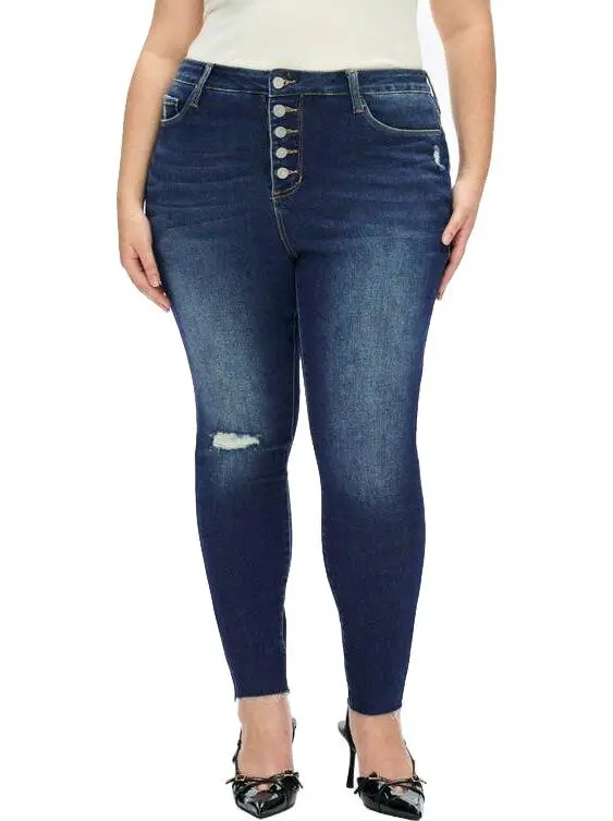 BAYEAS Button Fly High-waist Skinny Jeans - Dark Blue